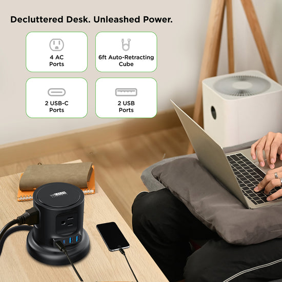 Retractable Power Strip 6ft Clutter-Free Power Strip Auto Cable USBc ...